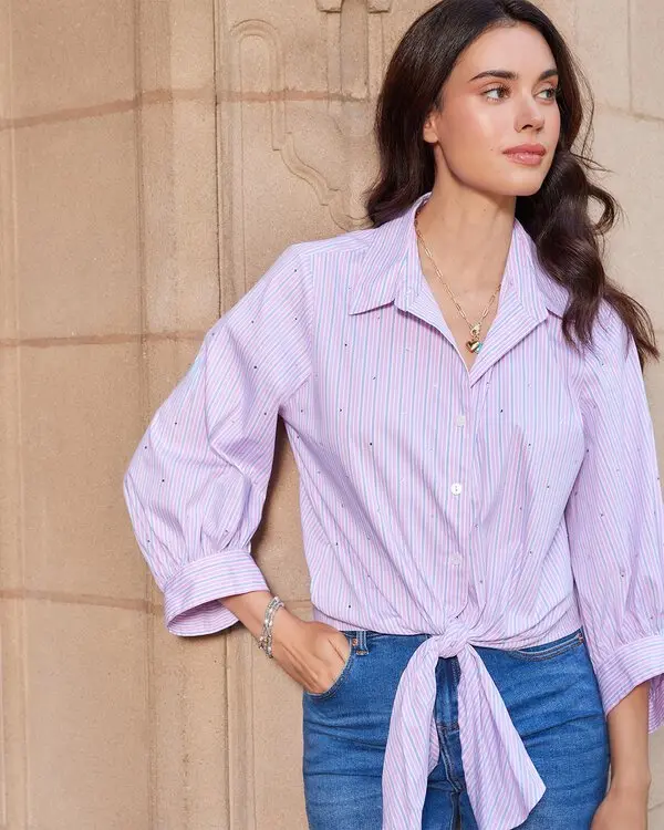 Karen Kane Blouson Sleeve Embellished Tie-front Top - Pink