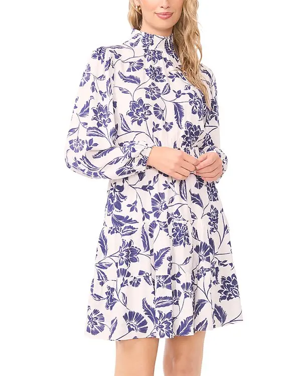 1.State Smocked Neck Long Sleeve Mini Dress - Classic Navy