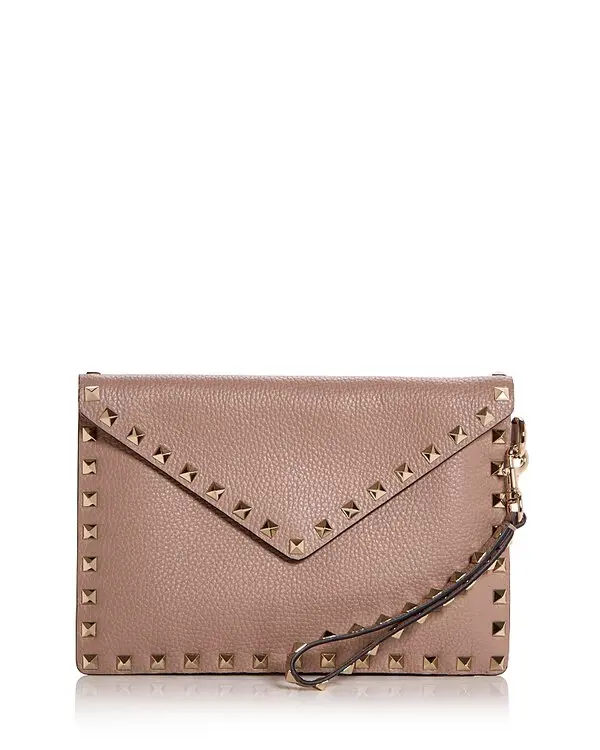 Valentino Garavani Rockstud Leather Envelope Pouch Clutch - Poudre