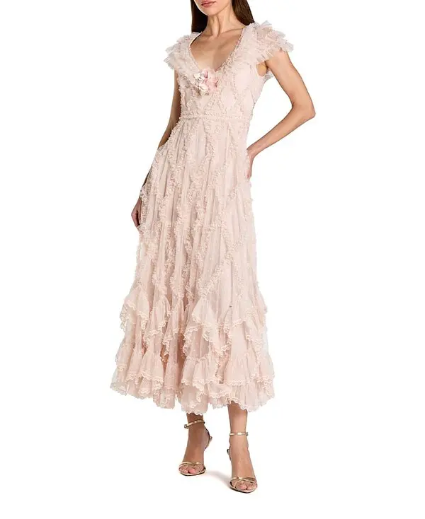 Mac Duggal Micro Ruffle Cap Sleeve A-line Midi Dress - Blush