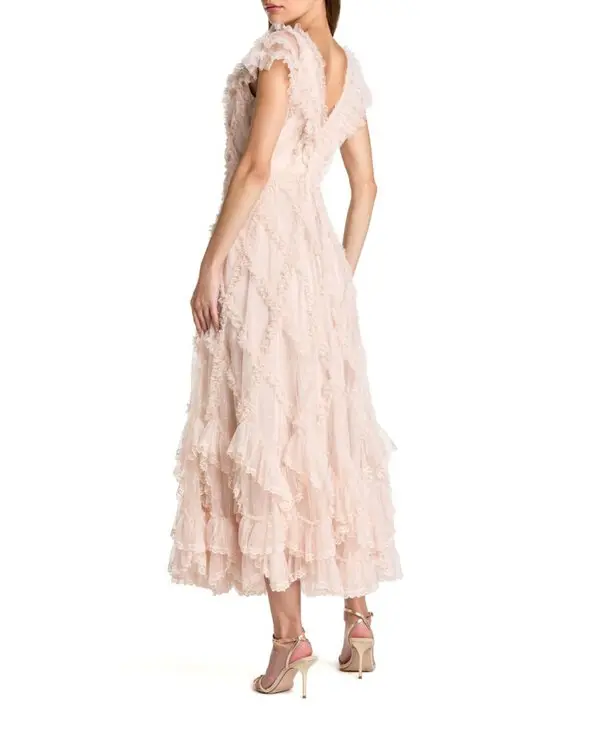 Mac Duggal Cap Sleeve Ruffled Midi Dress