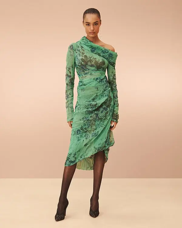 Erdem Organza Cloque Draped Midi Dress - Rose Bouquet Sea Green