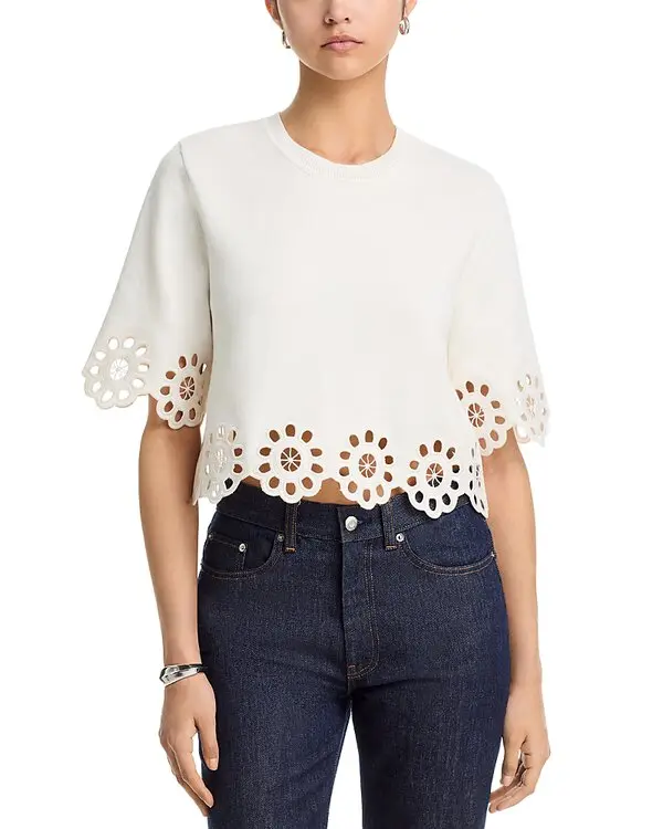 Aqua Embroidered Cutout Crop Sweater - White