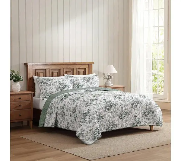 Laura Ashley Toile Delight Deep Green/white Cot Ton Queen Quilt - One-color