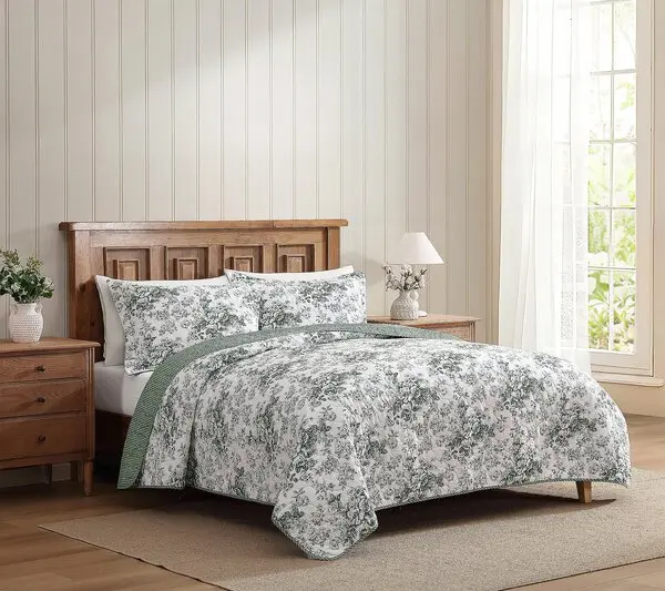 Laura Ashley Toile Delight Deep Green/white Cot Ton Twin Quilt - One-color