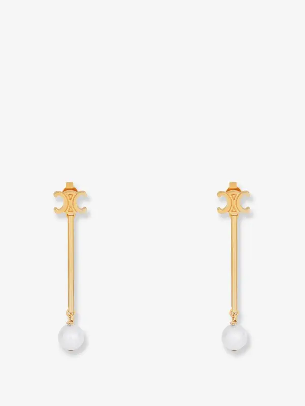 Celine Brass Earrings With Triomphe Logo And Pearl Charm