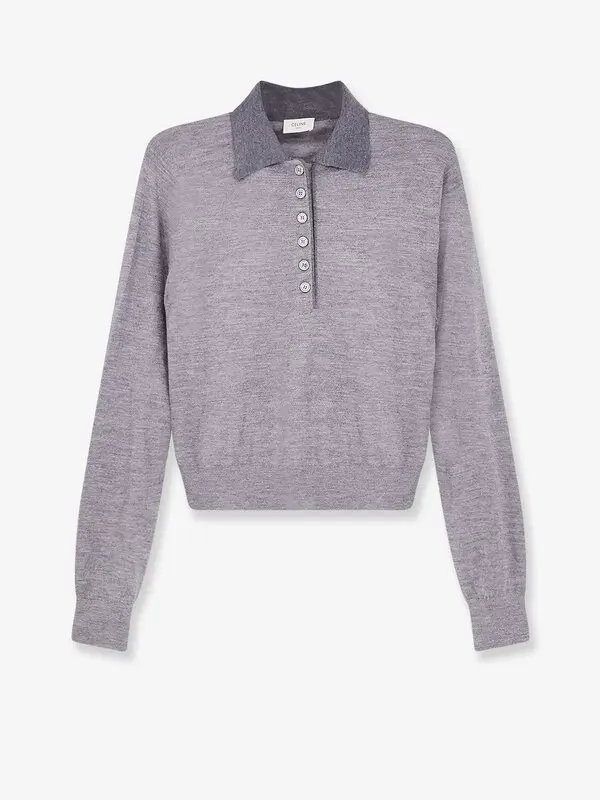Celine Cashmere And Silk Polo Shirt With Embroidery Logo On The Front - Grey