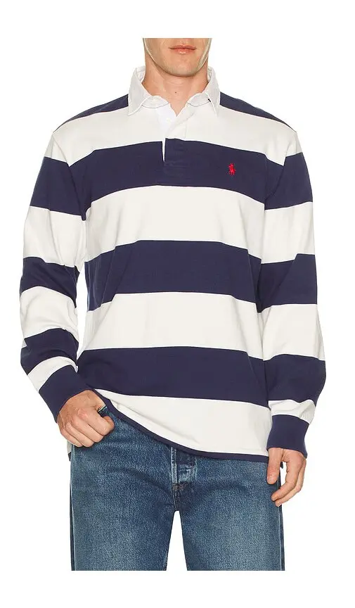 Polo Ralph Lauren Long Sleeve Heavyweight Rugby Shirt In Navy - Dark Cobalt & Deckwash White