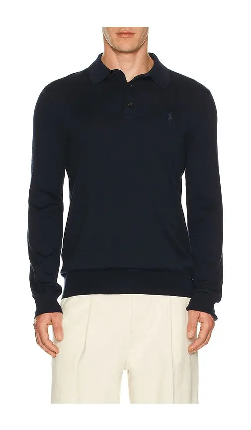 Polo Ralph Lauren Long Sleeve Merino Wool Button Placket Polo Sweater In Navy - Hunter Navy