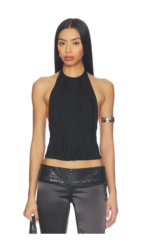 MORE TO COME Leigh Fringe Halter Top - Black