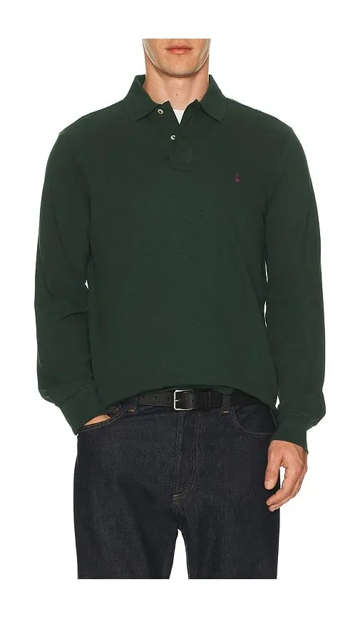 Polo Ralph Lauren Long Sleeve Mesh Polo In Dark Green - Scotch Pine Heather