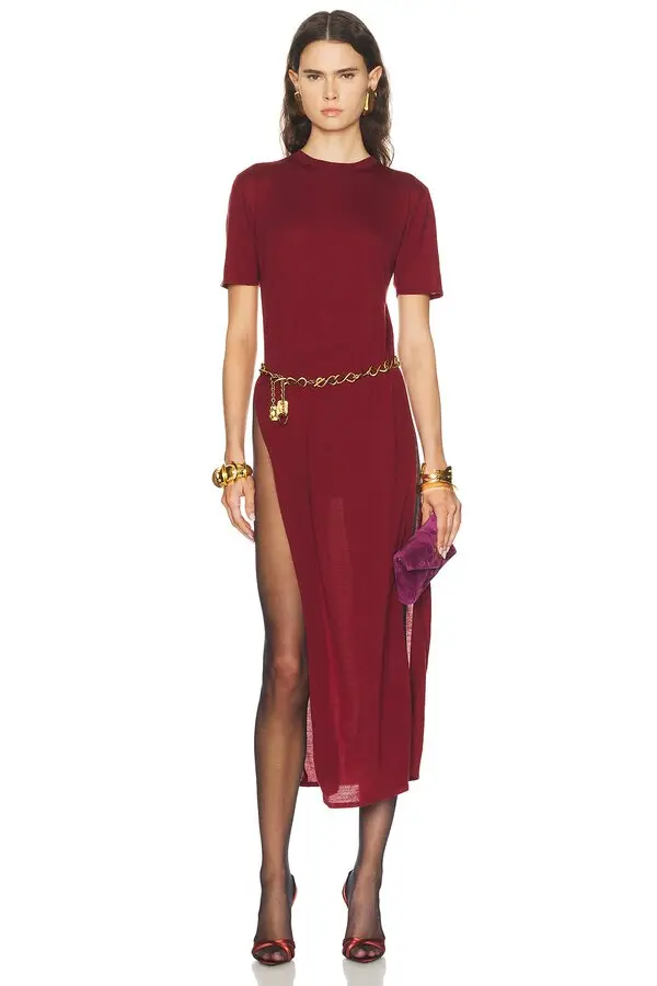 Saint Laurent Short Sleeve Maxi Dress In Burgundy - Rouille