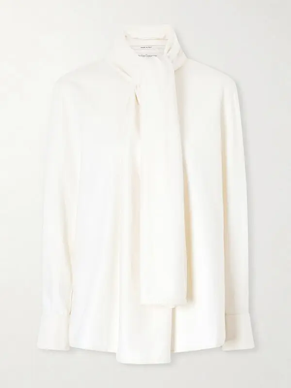 Another Tomorrow Cotton-chambray Pussy-bow Blouse - Neutrals