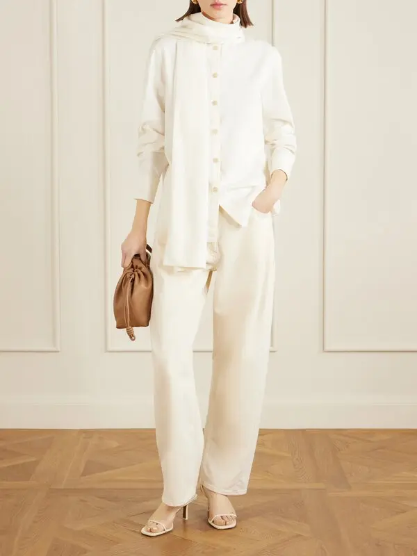 Another Tomorrow Cotton-chambray Pussy-bow Blouse - Neutrals