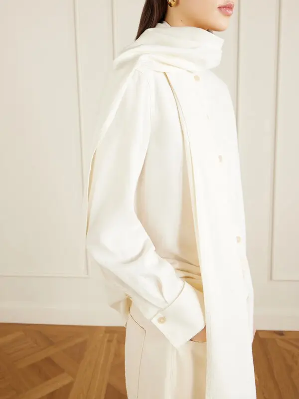 Another Tomorrow Cotton-chambray Pussy-bow Blouse - Neutrals