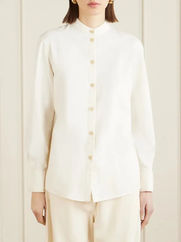 Another Tomorrow Cotton-chambray Pussy-bow Blouse - Neutrals