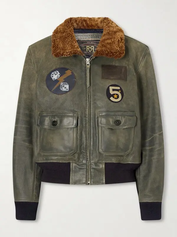 Ralph Lauren Harper Plush-trimmed Appliquéd Leather Bomber Jacket