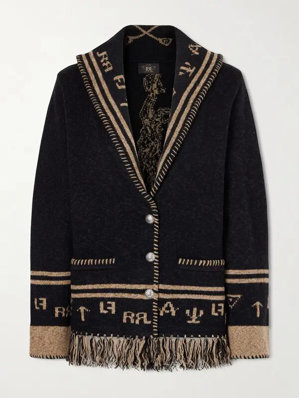 Ralph Lauren Jane Fringed Wool And Silk-blend Intarsia Cardigan