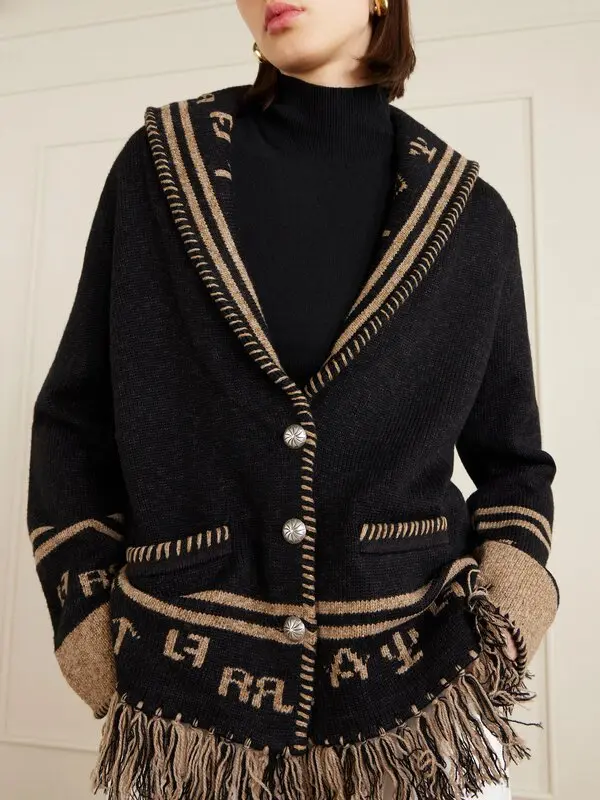 Ralph Lauren Jane Fringed Wool And Silk-blend Intarsia Cardigan