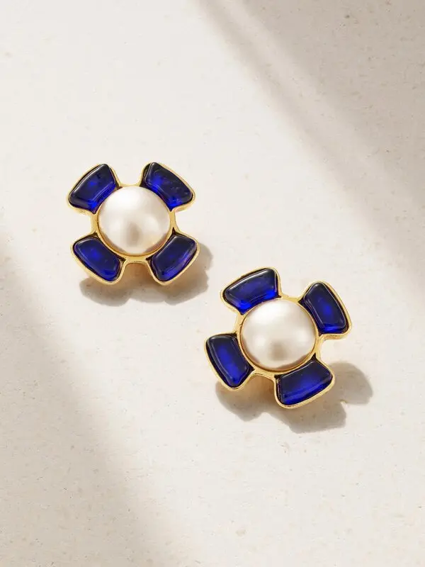 SUSAN CAPLAN Chanel Vintage Gold-plated Gripoix Crystal And Faux Pearl Clip Earrings - Blue