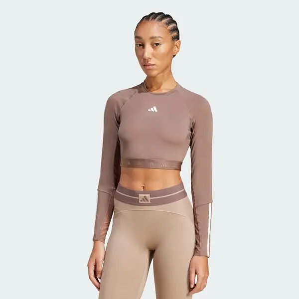 Adidas Hyperglam Training Cropped Long Sleeve Tee - Earth Strata / White