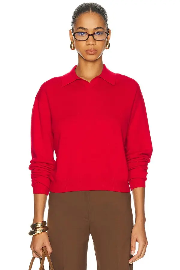 EAVES Whinifred Knit Polo In White - Red