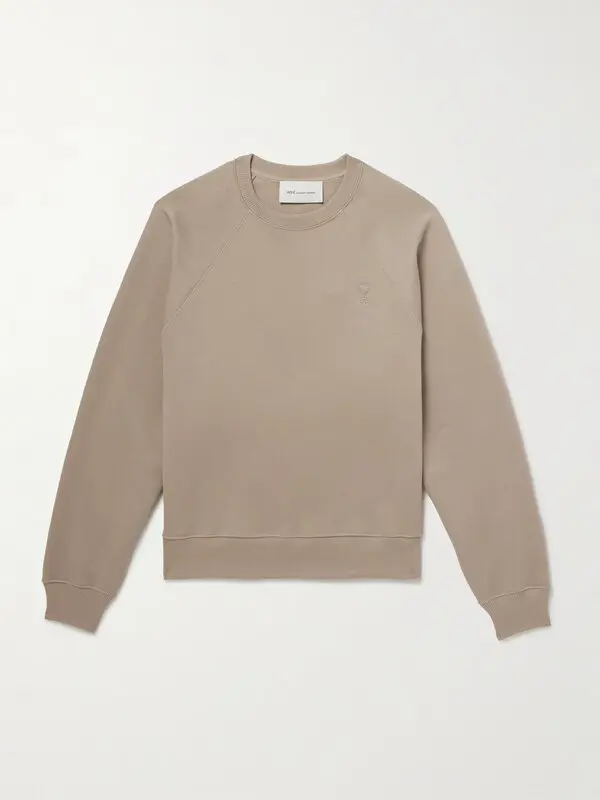 Ami Logo-embroidered Cotton-jersey Sweatshirt - Neutrals