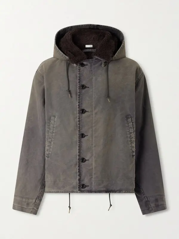 A.PRESSE Fleece-lined Distressed Cotton-canvas Hooded Jacket