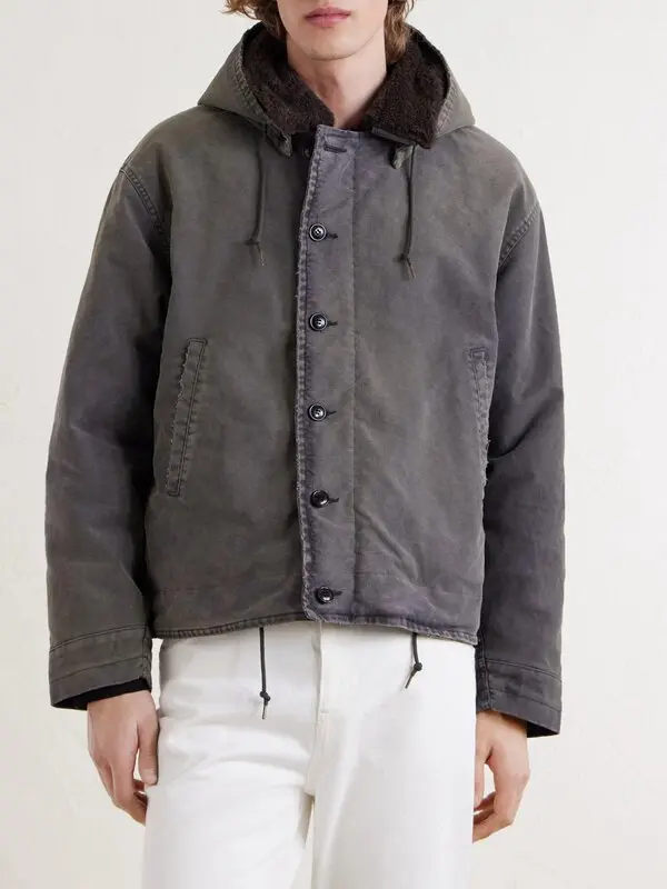 A.PRESSE Fleece-lined Distressed Cotton-canvas Hooded Jacket