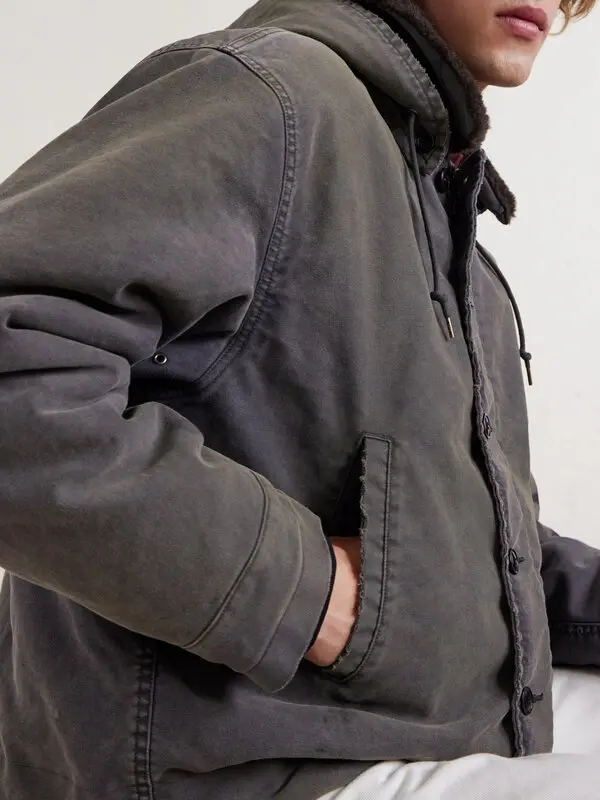 A.PRESSE Fleece-lined Distressed Cotton-canvas Hooded Jacket