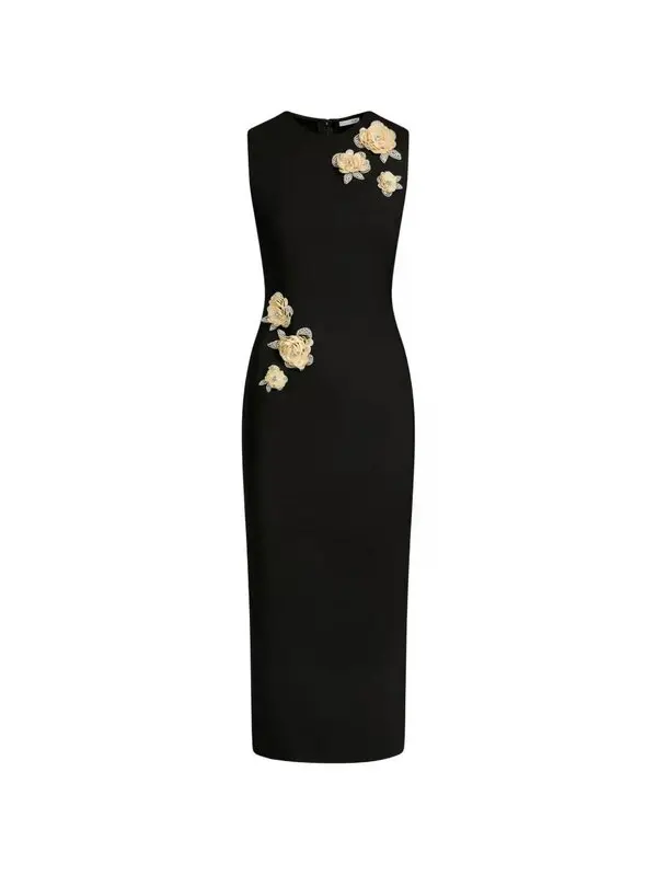 Oscar De La Renta Brooch Embroidered Cocktail Sleeveless Dress - Black