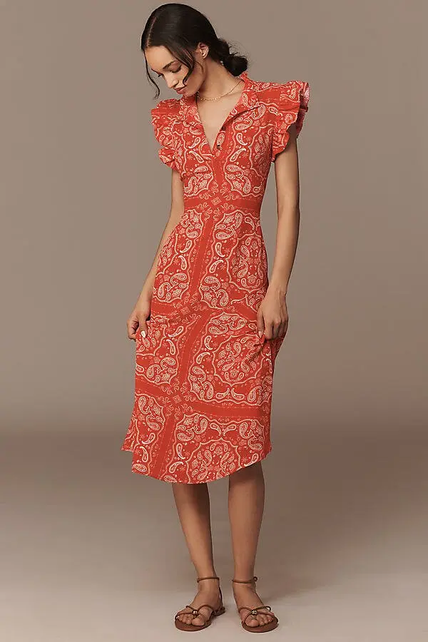 NEVER FULLY DRESSED Bandana Puff-sleeve Maxi Dress - Red Pattern