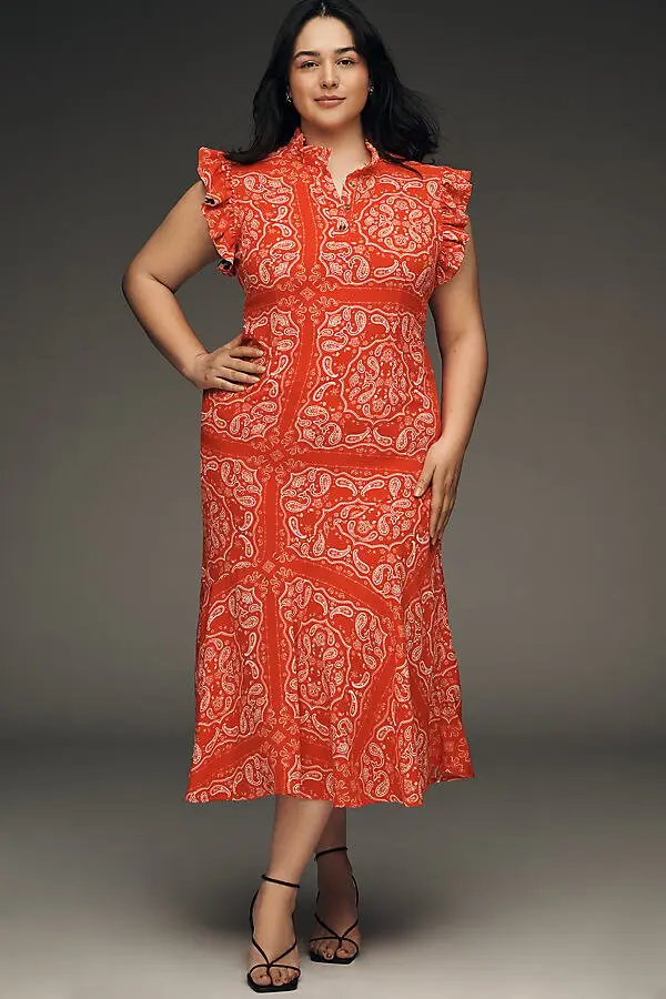 NEVER FULLY DRESSED Bandana Puff-sleeve Maxi Dress - Red Pattern