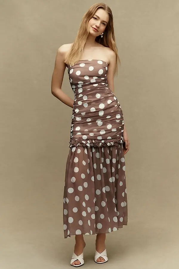 ELLIATT Sola Polka Dot Strapless Maxi Dress - Brown Dot