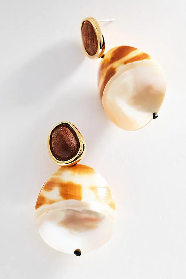 Anthropologie Wooden Shell Drop Earrgs - Brown Pattern