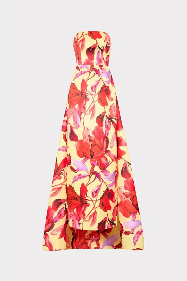 MILLY Dorothy Printed Taffeta Maxi Dress - Lemon/red