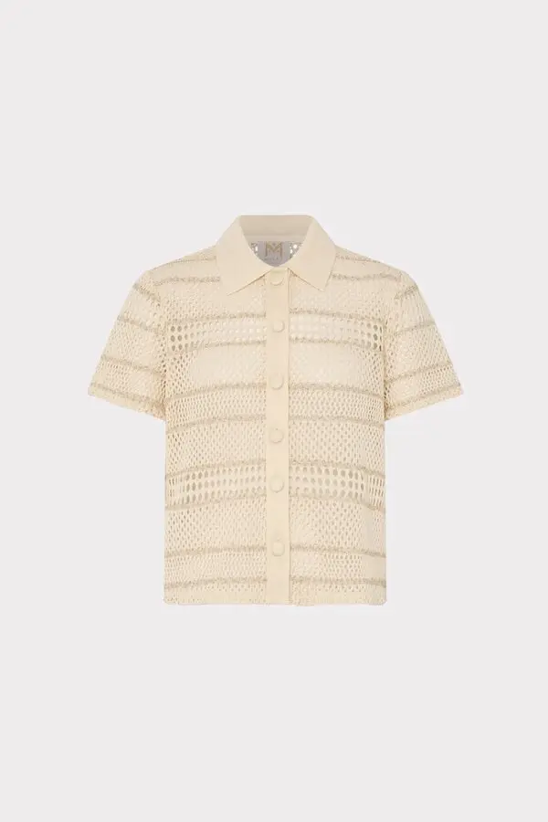 MILLY Crochet Knit Short Sleeve Button Up Shirt - Gold