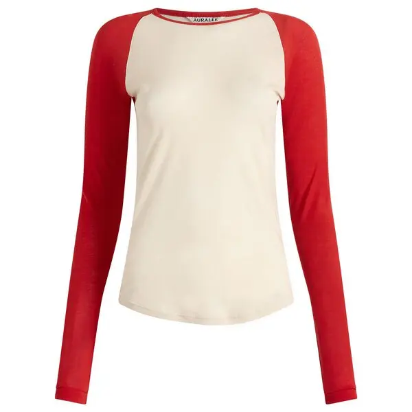 Auralee Sheer Rib Raglan Top - Ivory/red