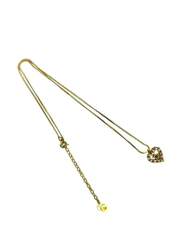 Dior 1990-2010 Plated Rhinestone Logo Heart Pendant Necklace Costume Necklace - Gold