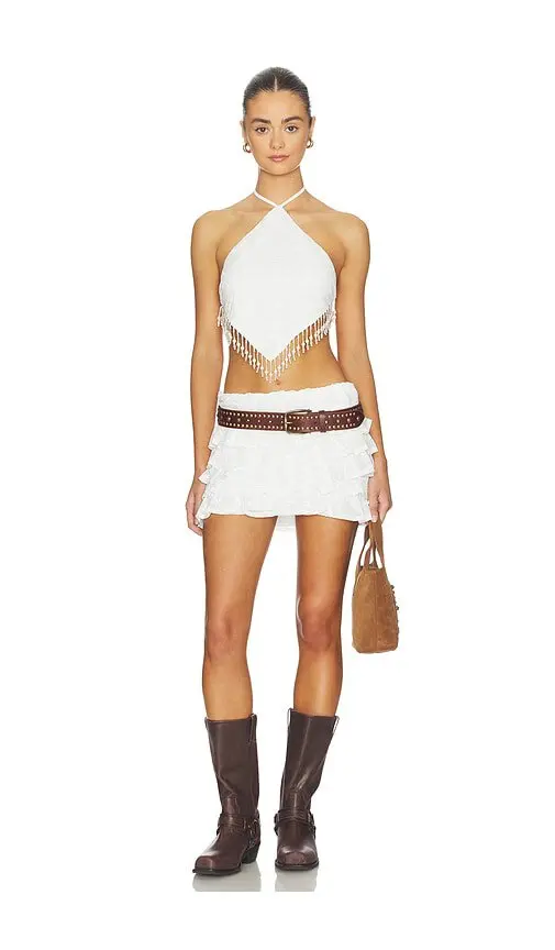 MORE TO COME Leigh Halter Top With Beaded Fringe Trim