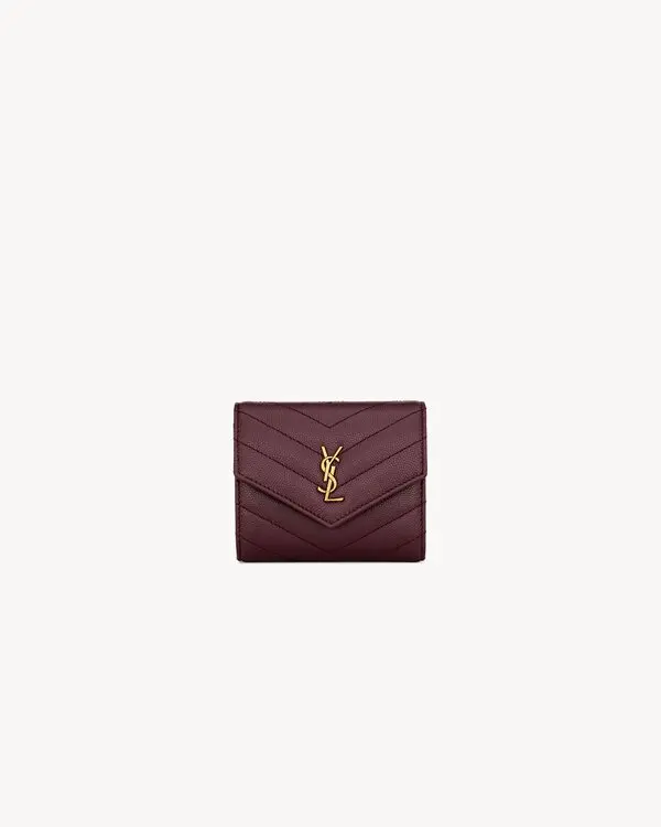Saint Laurent Cassandre Multi-fold Wallet In Grain De Poudre Leather In Bordeaux - Rouge Cabernet