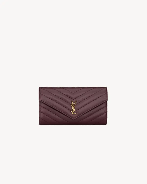 Saint Laurent Cassandre Large Flap Wallet In Grain De Poudre Leather In Bordeaux - Rouge Cabernet