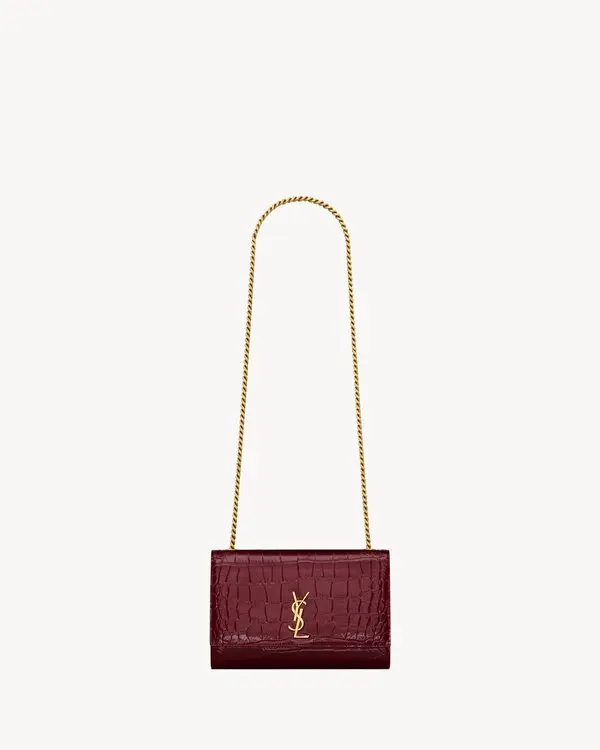 Saint Laurent New Kate Small In Crocodile-embossed Patent Leather In Bordeaux - Gloss Burgundy
