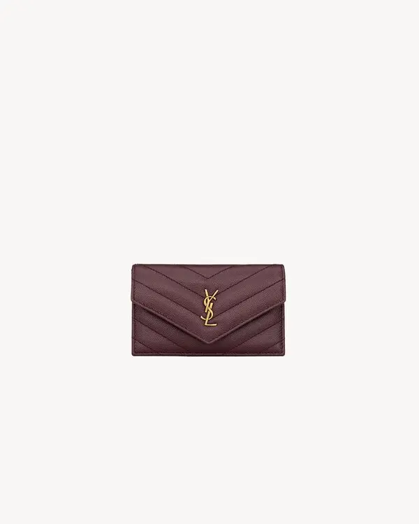 Saint Laurent Cassandre Fragments Flap Card Case In Grain De Poudre Leather In Bordeaux - Rouge Cabernet
