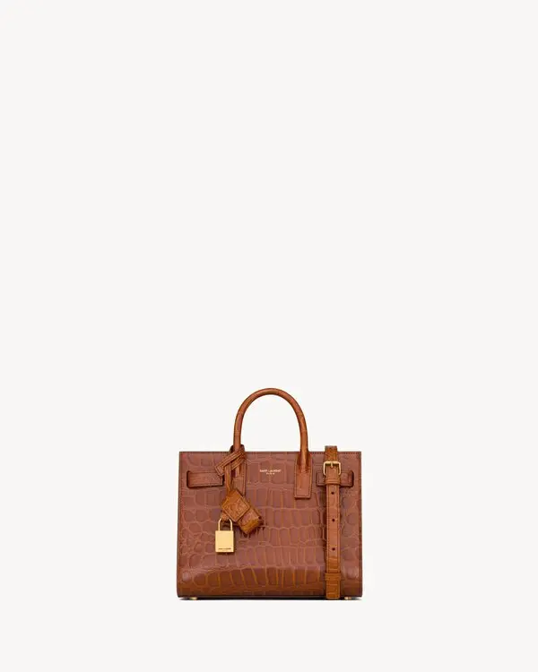 Saint Laurent Sac De Jour In Crocodile-embossed Leather – Nano In Brown - Caramel Cognac