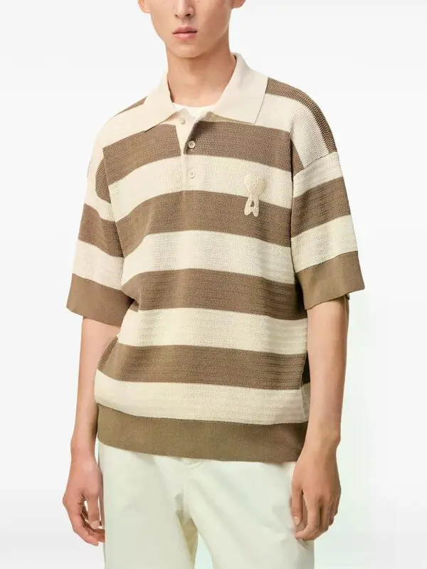 AMI Paris White And Brown Cotton De Coeur Polo