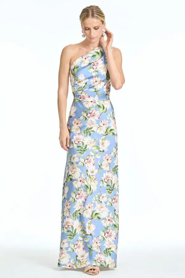 Sachin & Babi Floral Printed Satin Crepe One Shoulder A-line Gown - Twilight Camellia