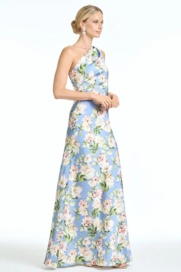 Sachin & Babi Floral Printed Satin Crepe One Shoulder A-line Gown - Twilight Camellia