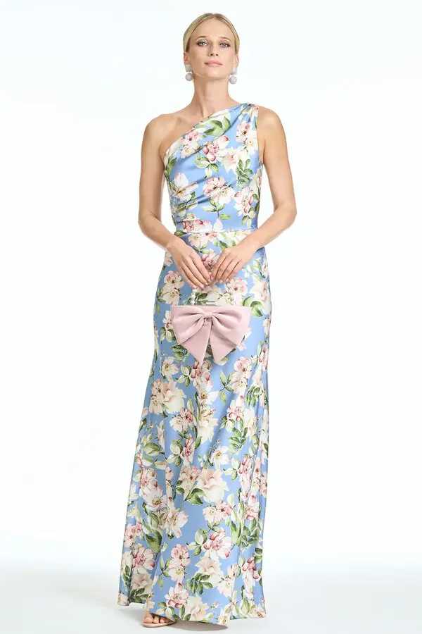 Sachin & Babi Floral Printed Satin Crepe One Shoulder A-line Gown - Twilight Camellia
