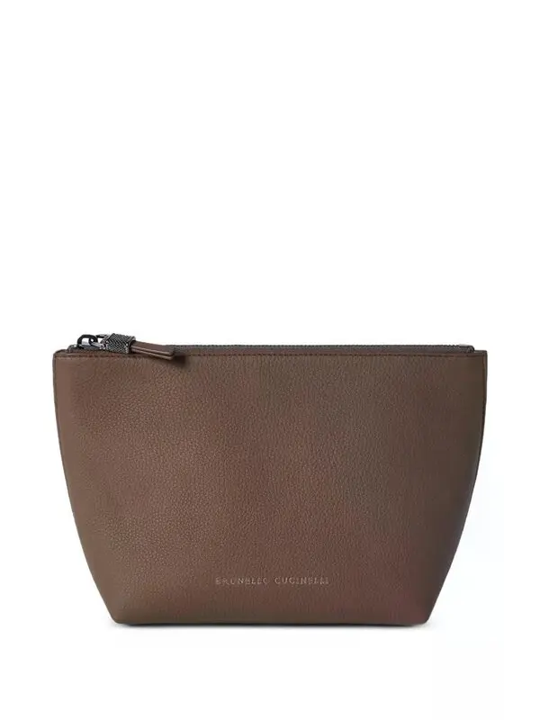 Brunello Cucinelli Grained Calfskin Pouch With Shiny Zipper Pull - Brown
